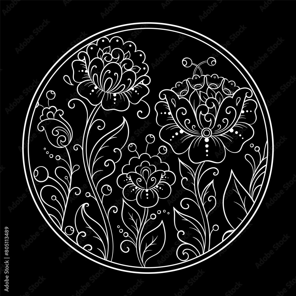 Poster Outline round flower pattern in mehndi style for coloring book ...