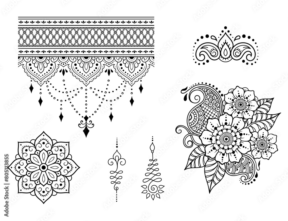 Poster Set of Mehndi flower and seamless border pattern for Henna ...