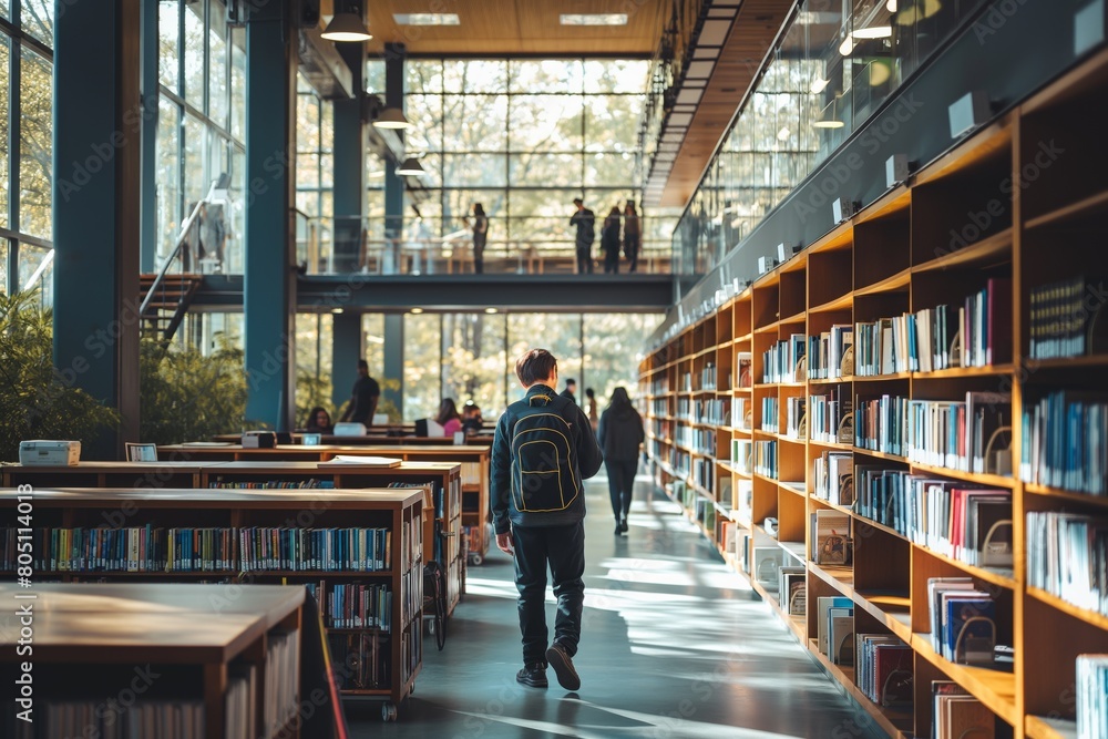 Interior of a Modern American College Library showing Education and ...