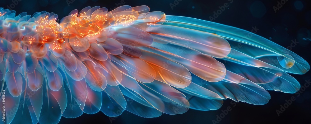 The image shows the transparent and colorful body of a Ctenophora, a ...