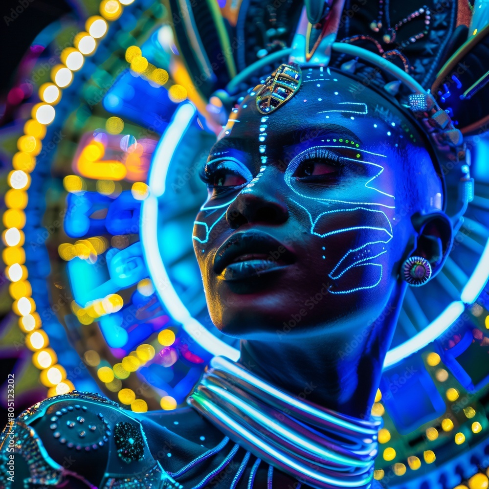 Black transgender drag queen dressed as a space-themed cyber queen ...