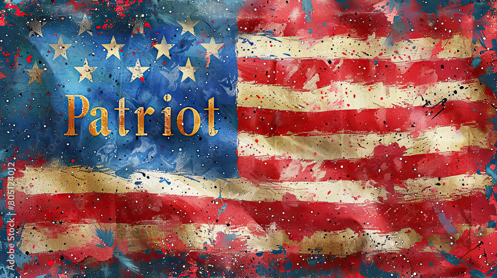 A tattered American flag with the word "Patriot" symbolizing a strong ...