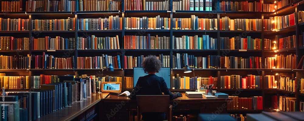 Librarian cataloging books and resources using a library management ...