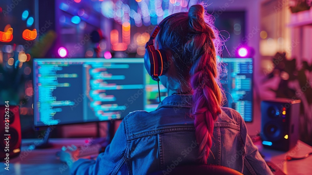 Cybersecurity professional debugging code on a three-screen setup, the workspace illuminated by ...