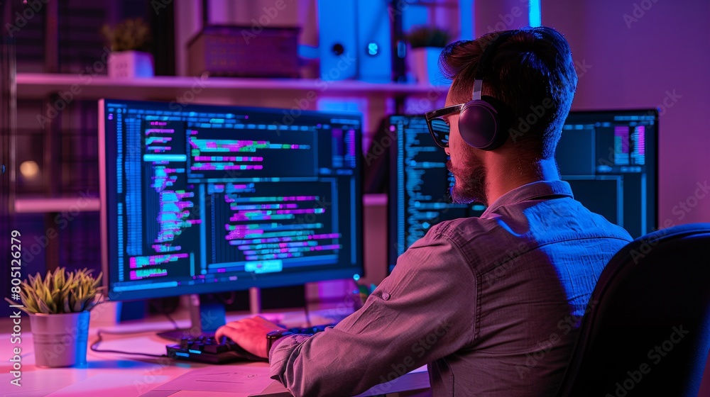 Cybersecurity professional debugging code on a three-screen setup, the workspace illuminated by ...