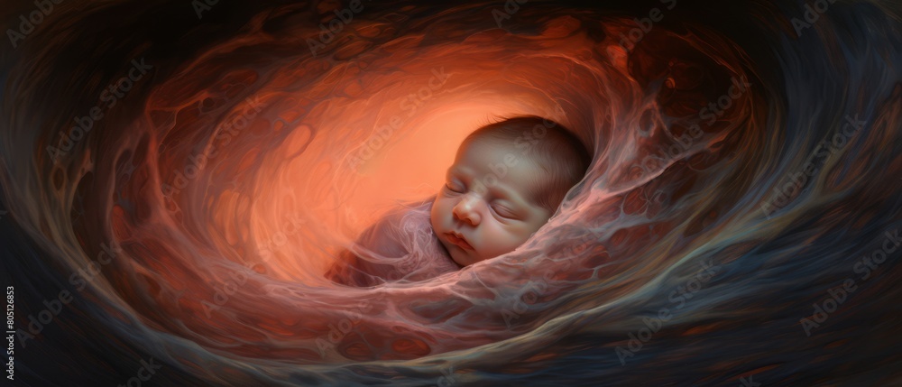 Little human baby in mother's womb, close-up view of a small embryo ...