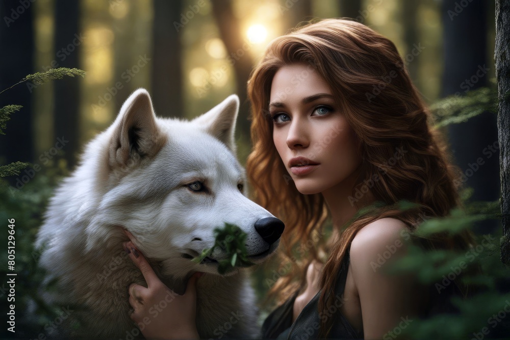 'girl art gital forest wild painting style wolf standing illustration fantasy woman imagination ...