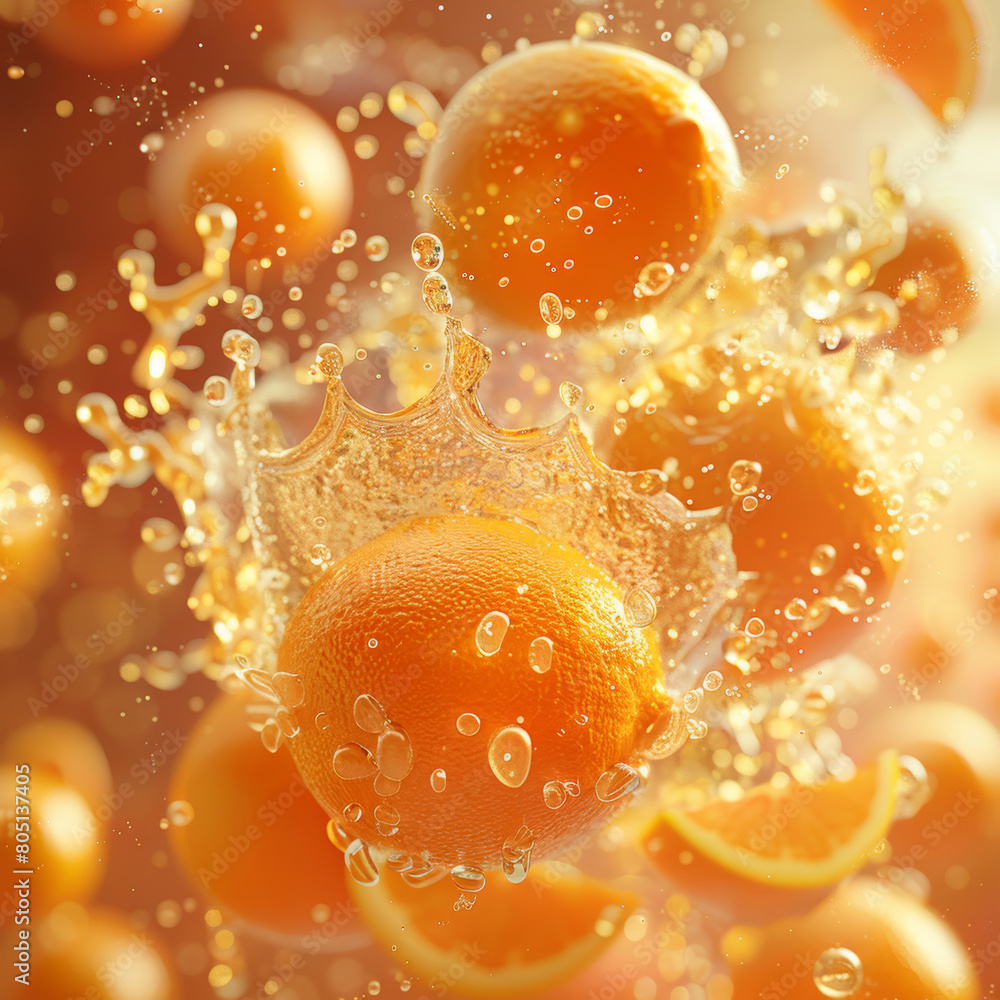 Dynamic Splash and Oranges Immersed in Sparkling Amber Liquid Stock Illustration | Adobe Stock