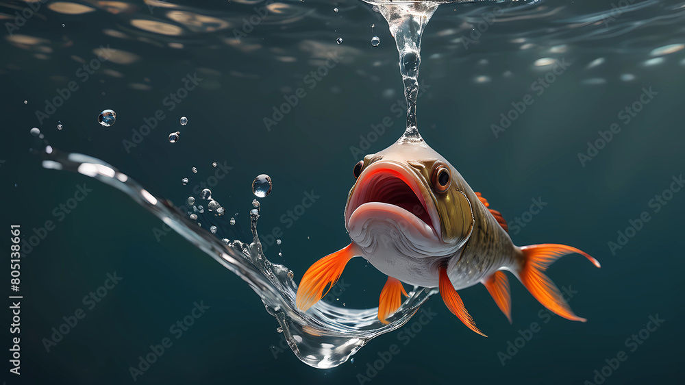 the drop falls below the water surface, it morphs into a small fish ...