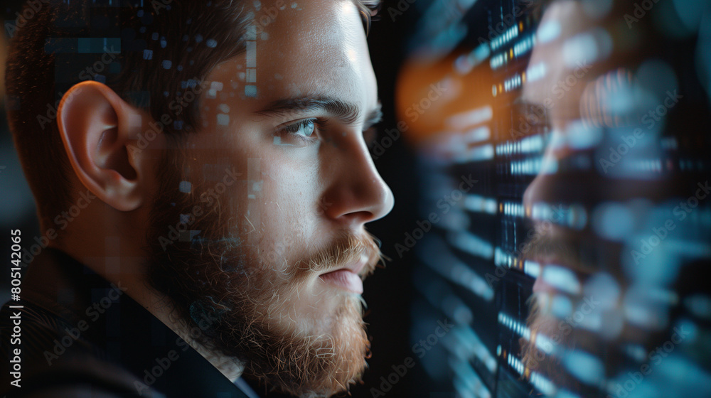 side profile portrait of a white male finance analyst with a tech ...
