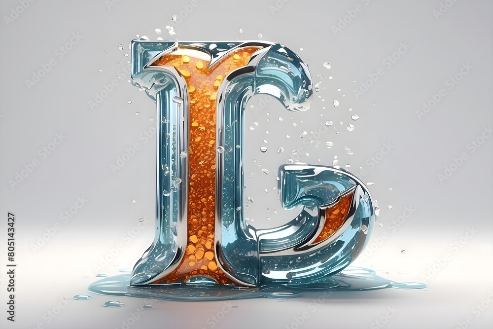 The letter L 3D, made of beautiful and sparkling glass, water drops run ...