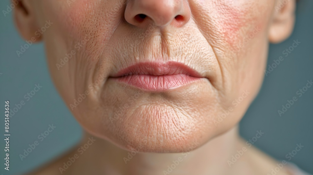 Close-up of a mature woman's lower face showing signs of aging. Skin ...
