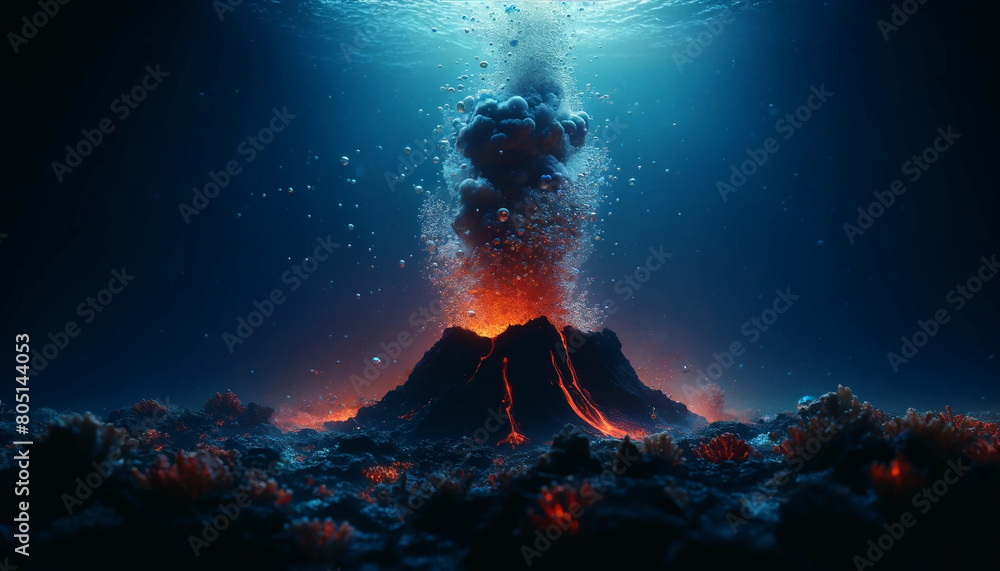 Underwater volcanic eruption close-up. Bubbles and steam are seen ...