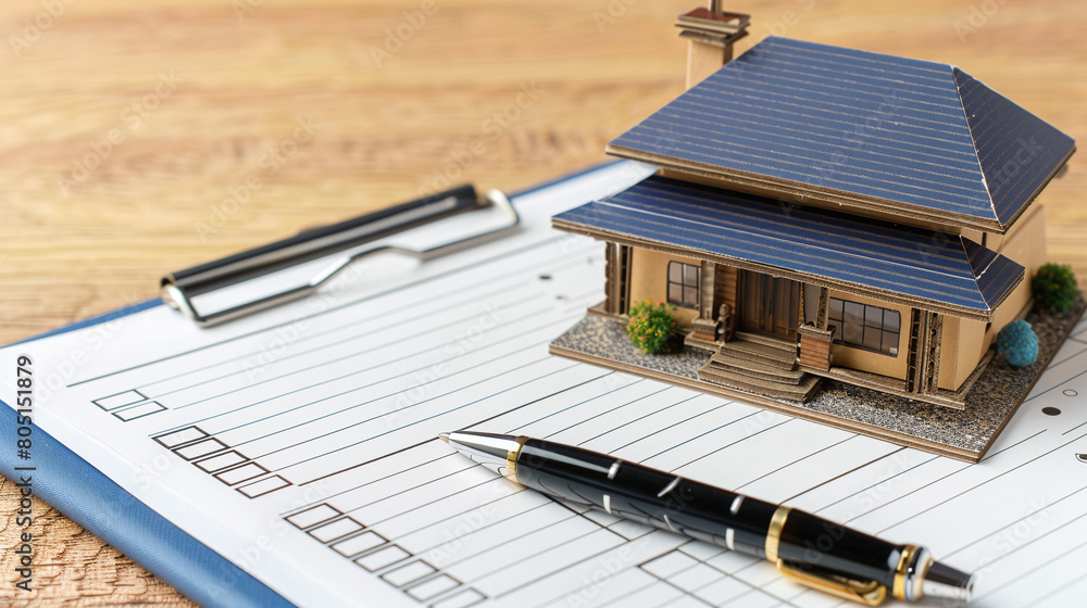 blank checklist, a pen and a cardboard 3D model of a middle class house ...