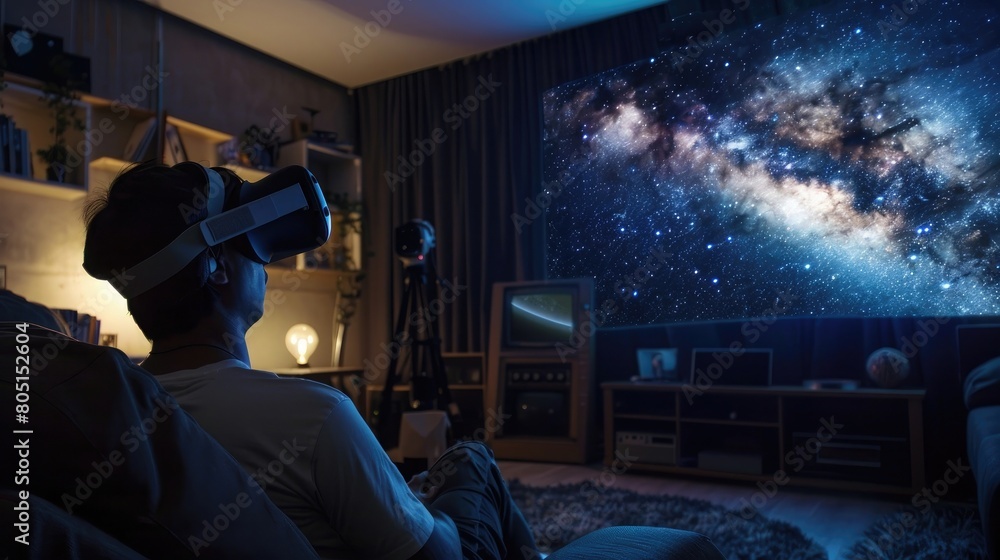 milky way with starry sky at night inside home using virtual reality ...