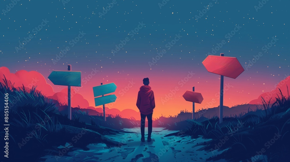 Man standing at a crossroads with multiple directional signs under a ...