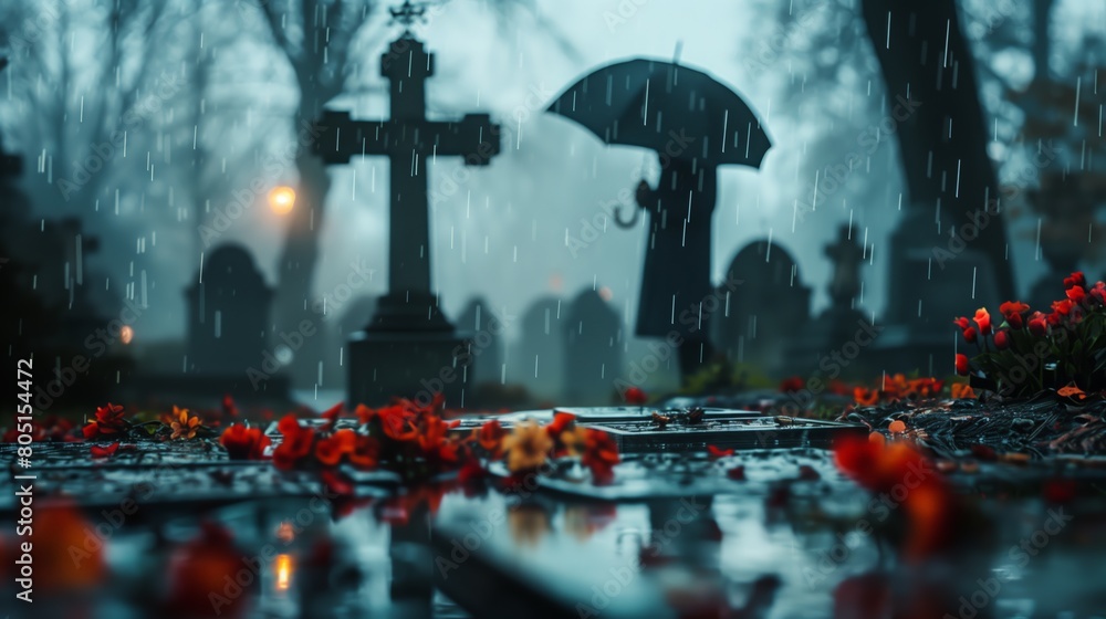 Rainy day at a cemetery with flowers and umbrellas, evocative and ...