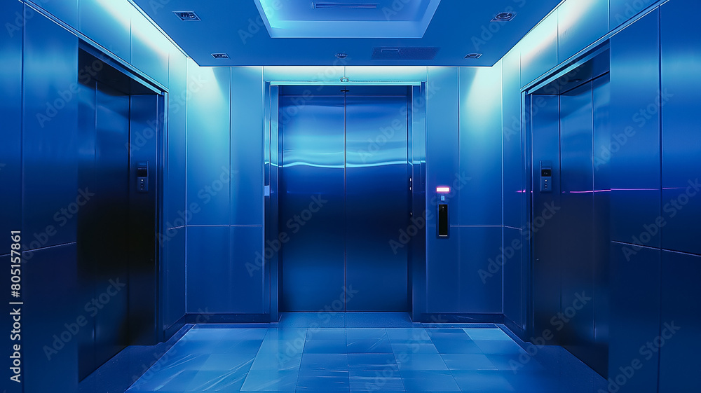 Modern blue metallic elevator in the building, in a minimalistic style ...