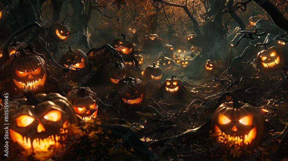 A horde of demonic jack-o'-lantern-headed creatures swarms through a ...