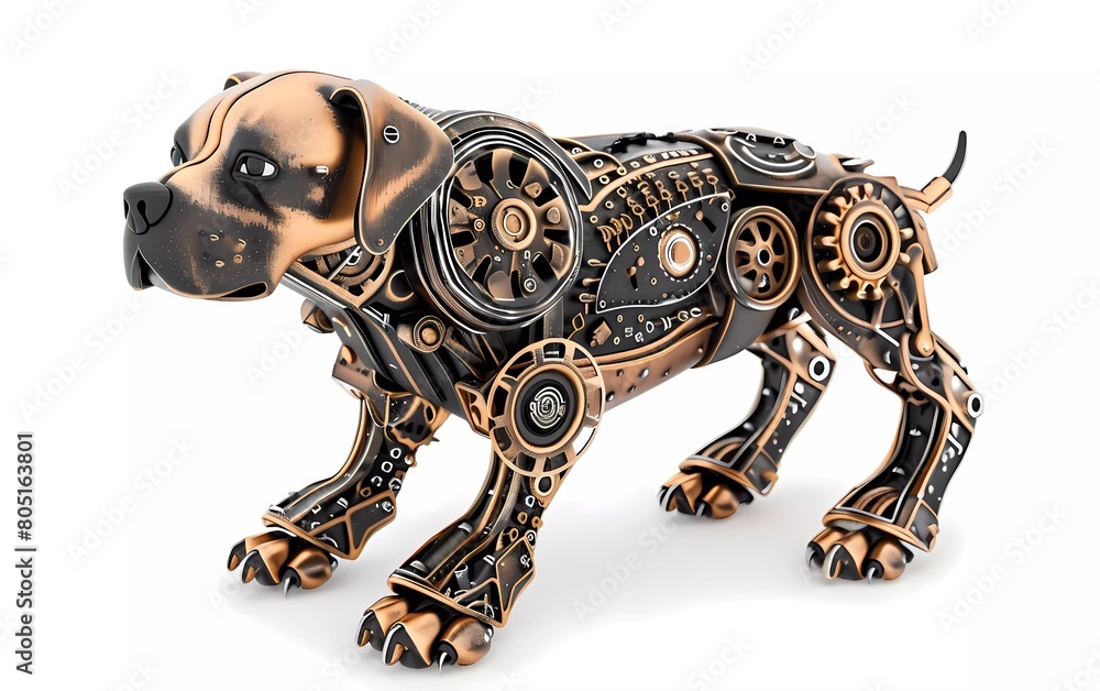 Render of a steampunk metal 3D illustration of a dog, on a white ...