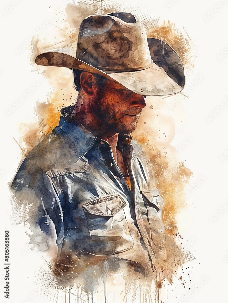 This watercolor graphic features a hardworking ranch hand in a ...