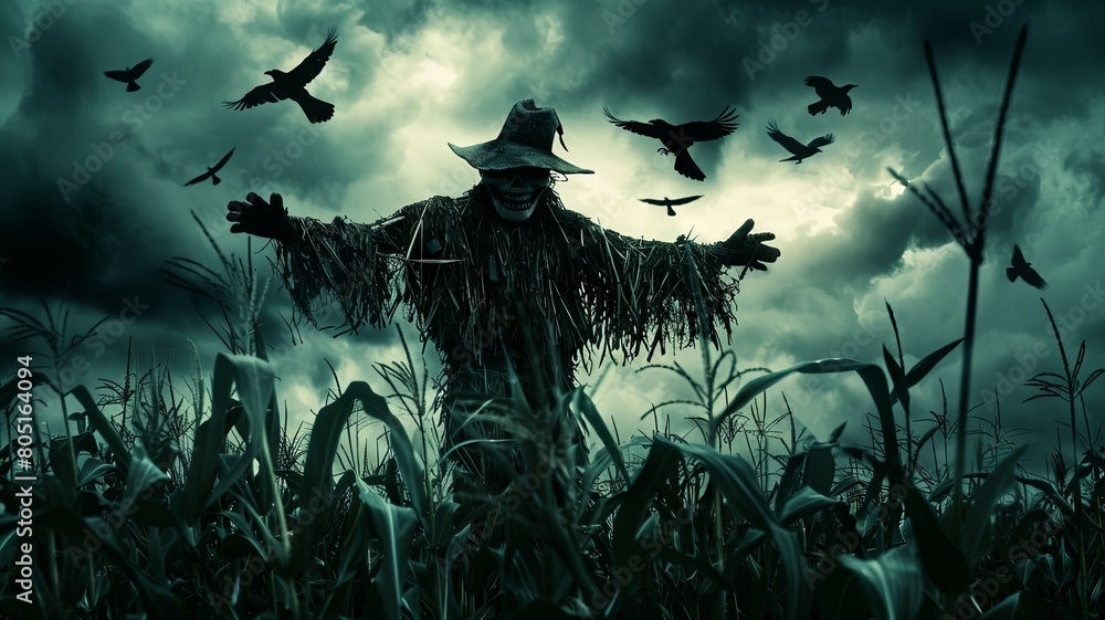 A menacing scarecrow with a sinister grin stands tall in a vast ...