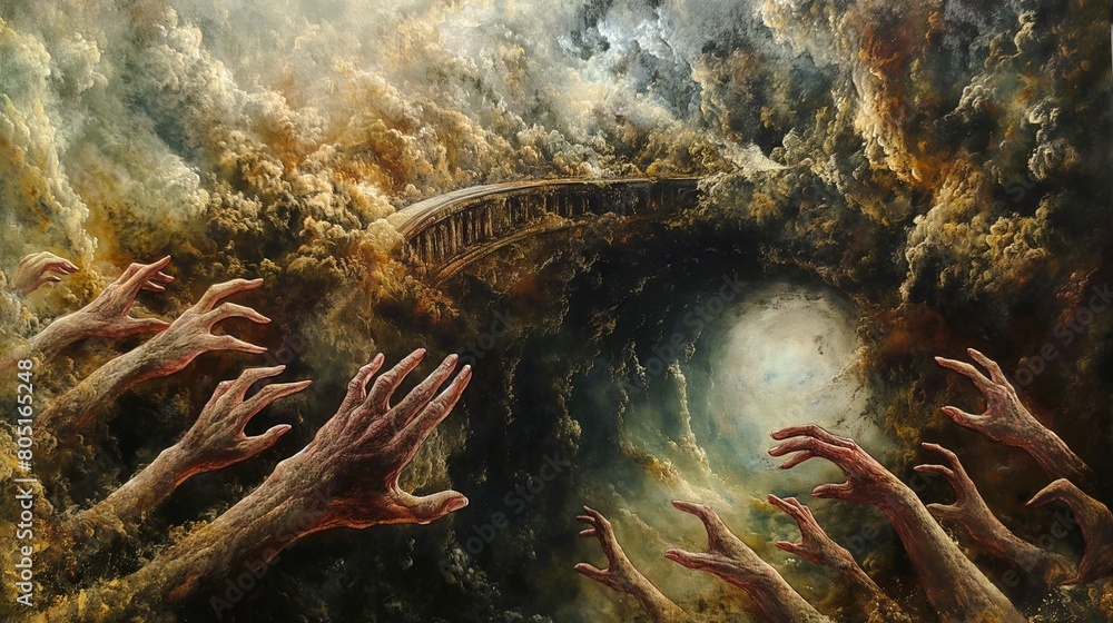 A painting of hands reaching out into the sky. The painting is dark and ...