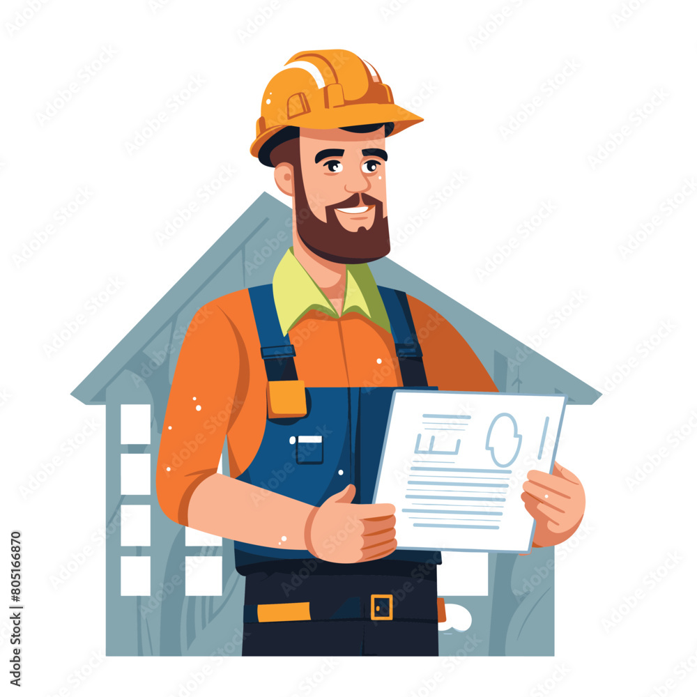 Bearded construction worker presents plan, smiling contractor displays ...