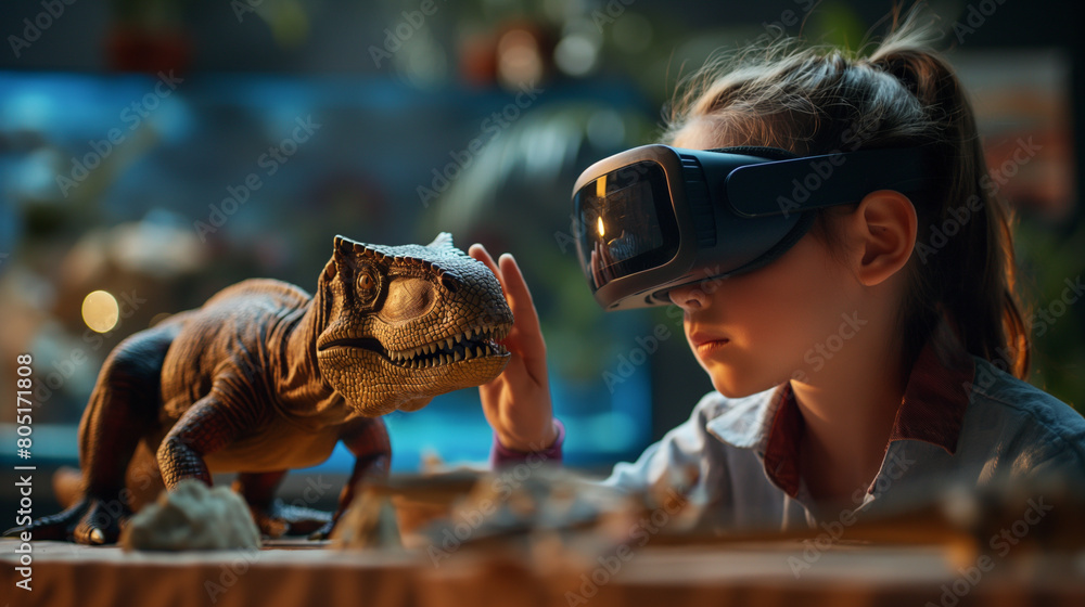 A girl is playing with a dinosaur in a virtual reality game. The ...
