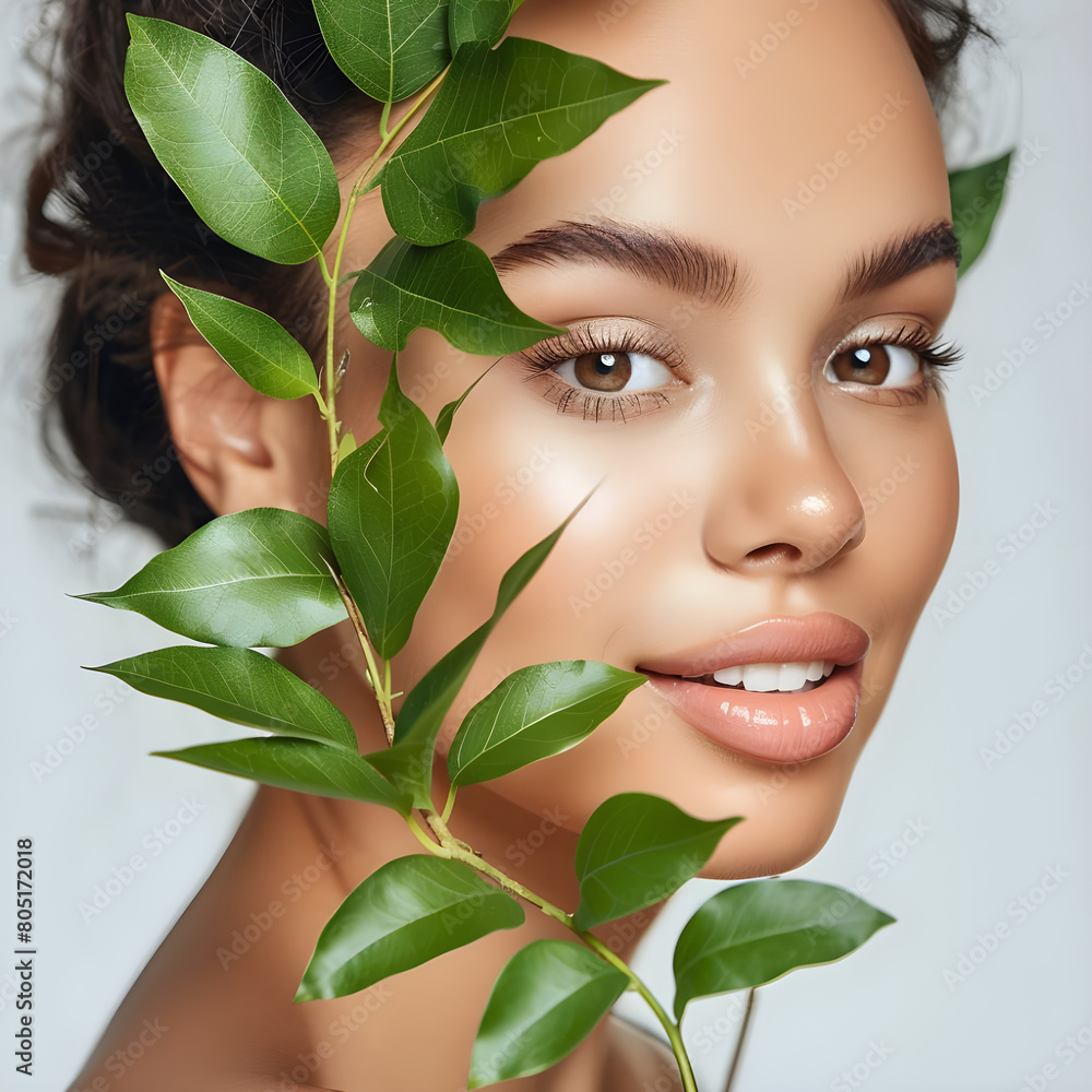 Skin care black woman with leaves, Organic product model, models simple ...