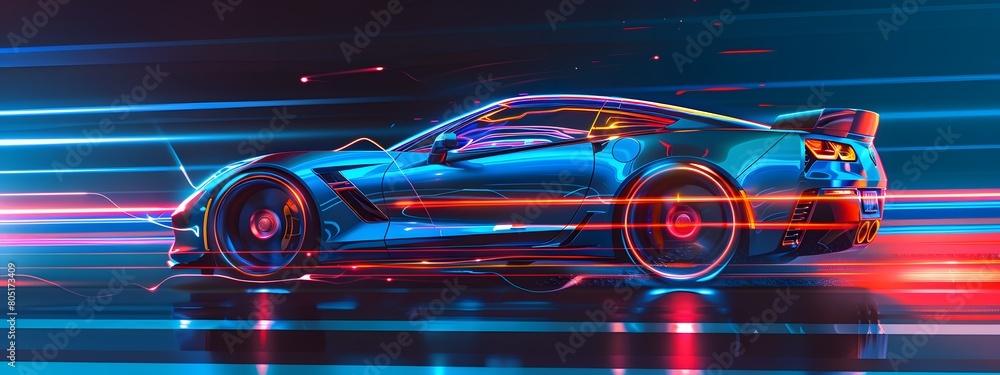 A blue sports car is showcased against a dark background, featuring a ...