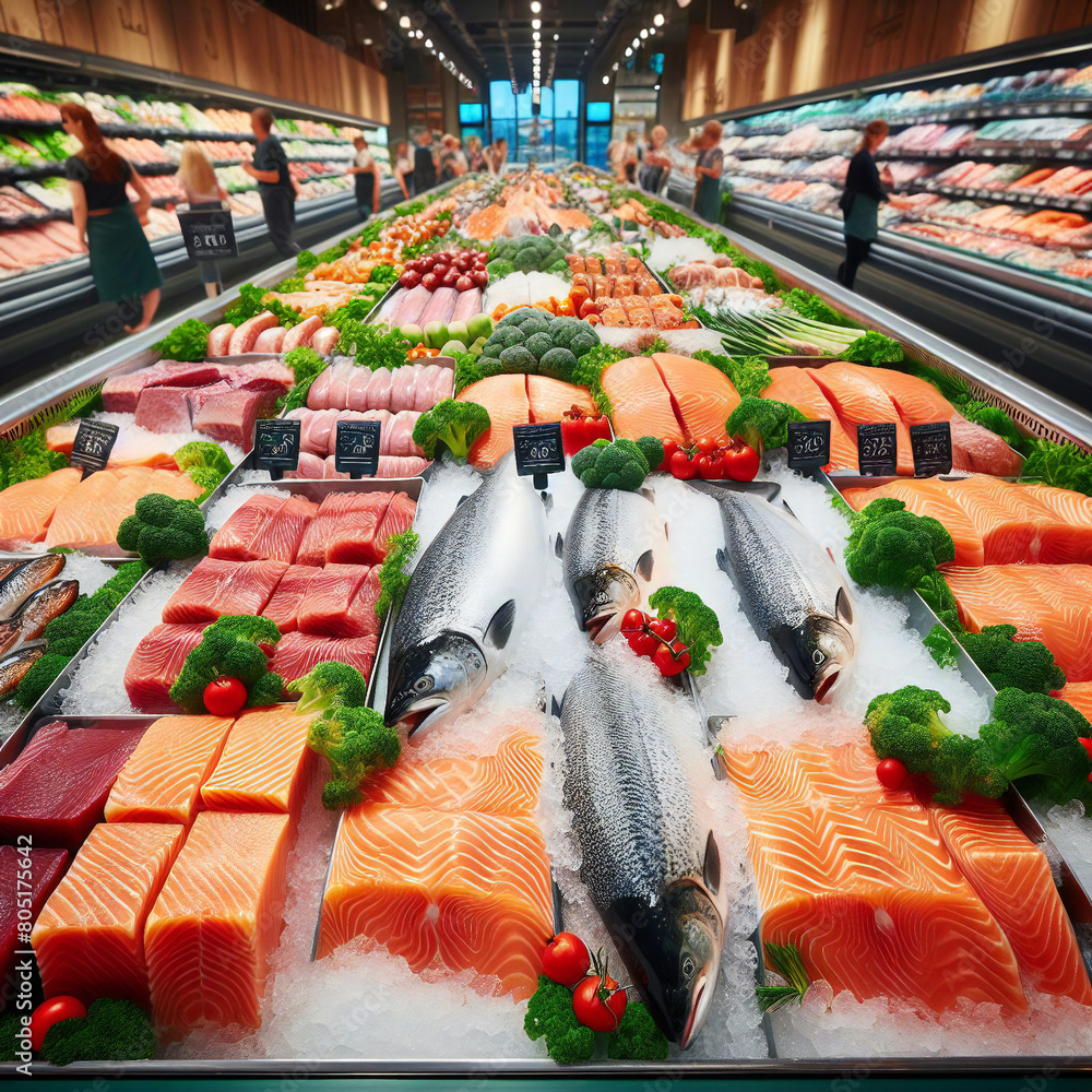 Salmon fillets lie on a special bench in the fish department of a large ...