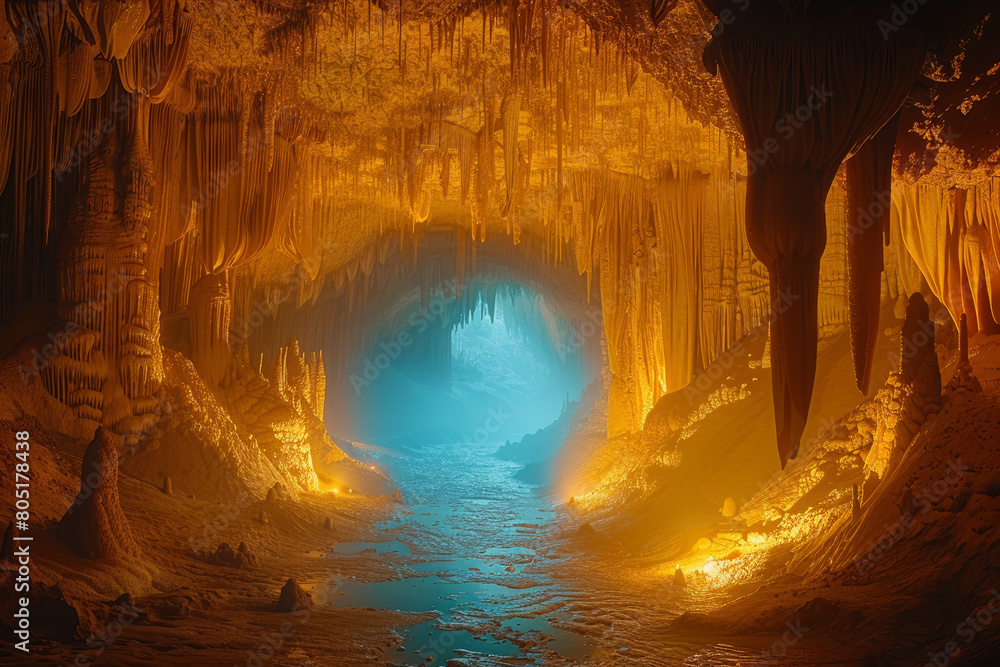 A mysterious cave system winding through underground chambers and ...
