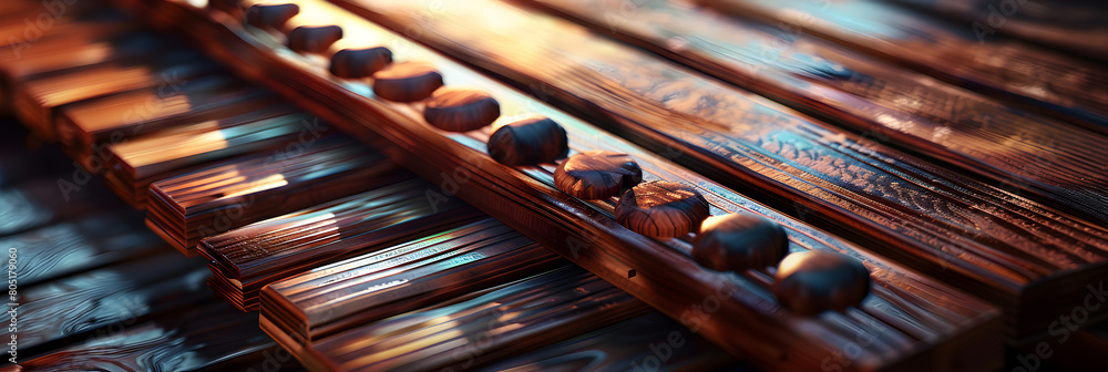 An ancient looking xylophone made of bamboo The xylophone is placed on ...
