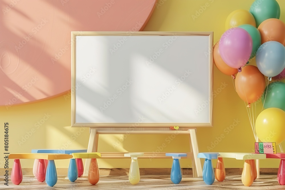 3d rendering of blank whiteboard with colorful balloons in school ...