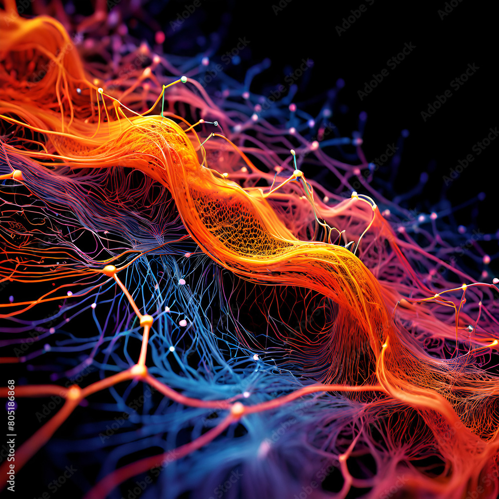 Abstract neural network visualization with complex nodes, lines, and gradients. Dynamic data ...