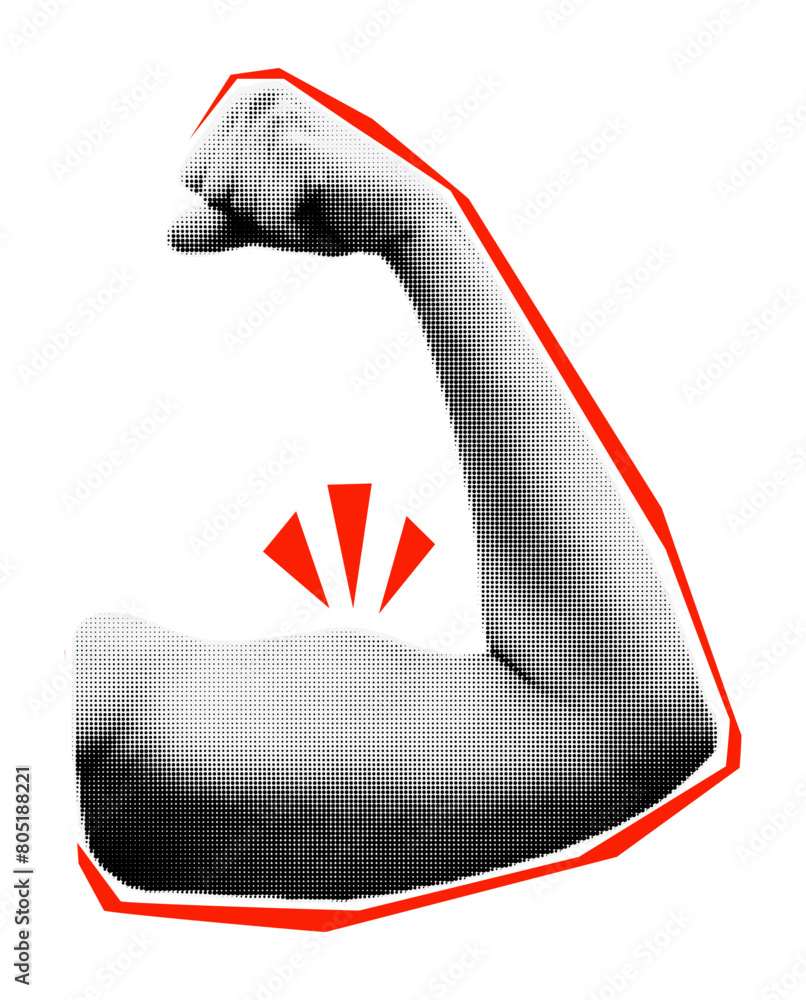 Trendy halftone collage element hand showing flexed biceps emoji ...