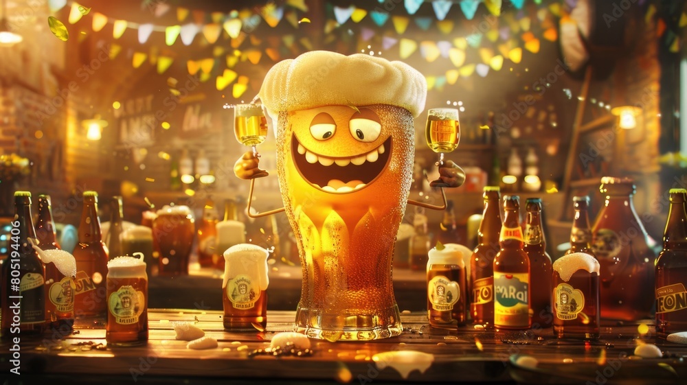 Whimsical Illustration Oktoberfest Of A Large Animated Beer Glass With Arms And A Cheerful Face