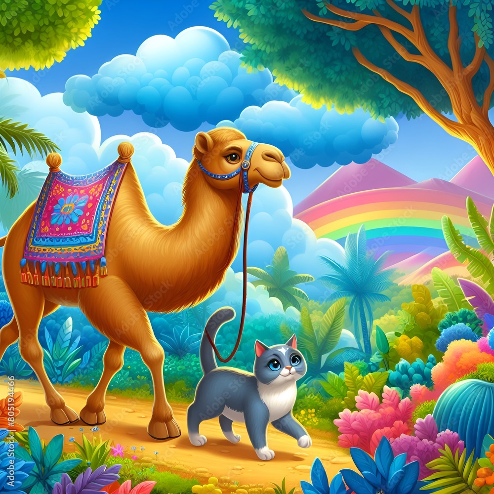 A camel and Cat walk in colourful jungle with blue clouds on their heads, animals on the beach ...