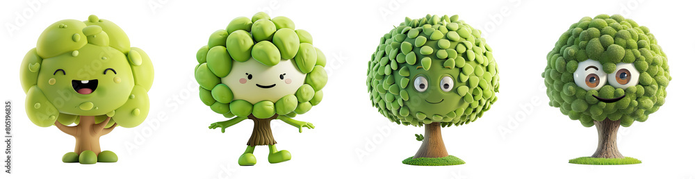 Set of 3D cute happy cartoon green trees design elements, isolated on ...