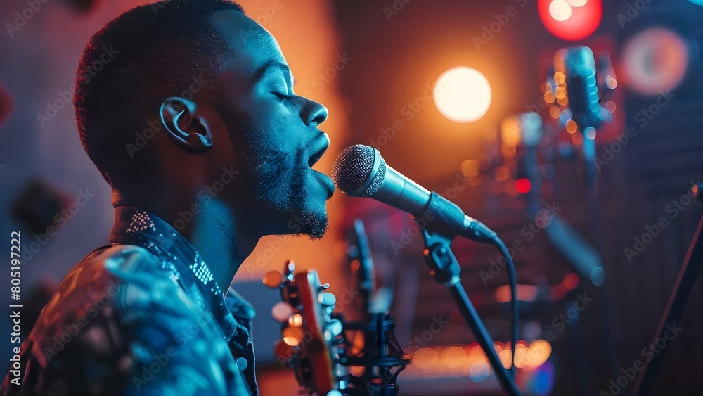 Black man singing into microphone in music studio recording a song ...