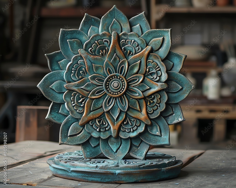 Craft a unique rear view mandala sculpture using clay, embodying ...