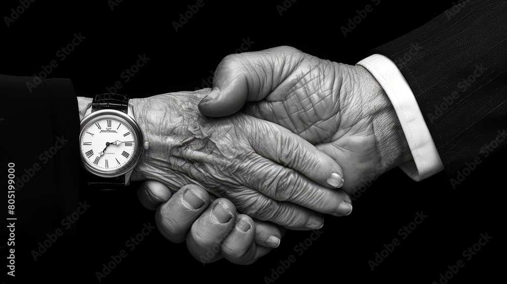 A child and an old man are merged with the hands and mechanism of a ...