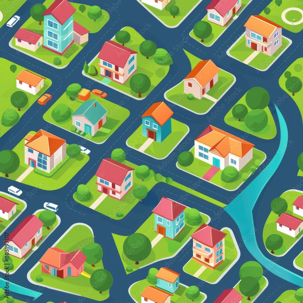 Detailed map of a neighborhood with houses and trees. Ideal for real ...