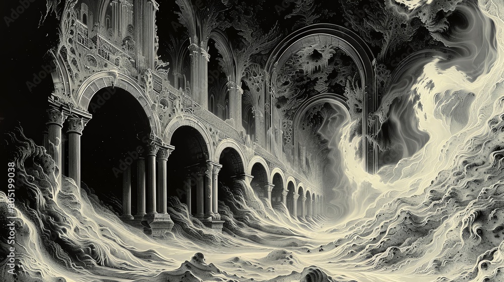 Produce a detailed pen and ink illustration capturing a side view of a ...