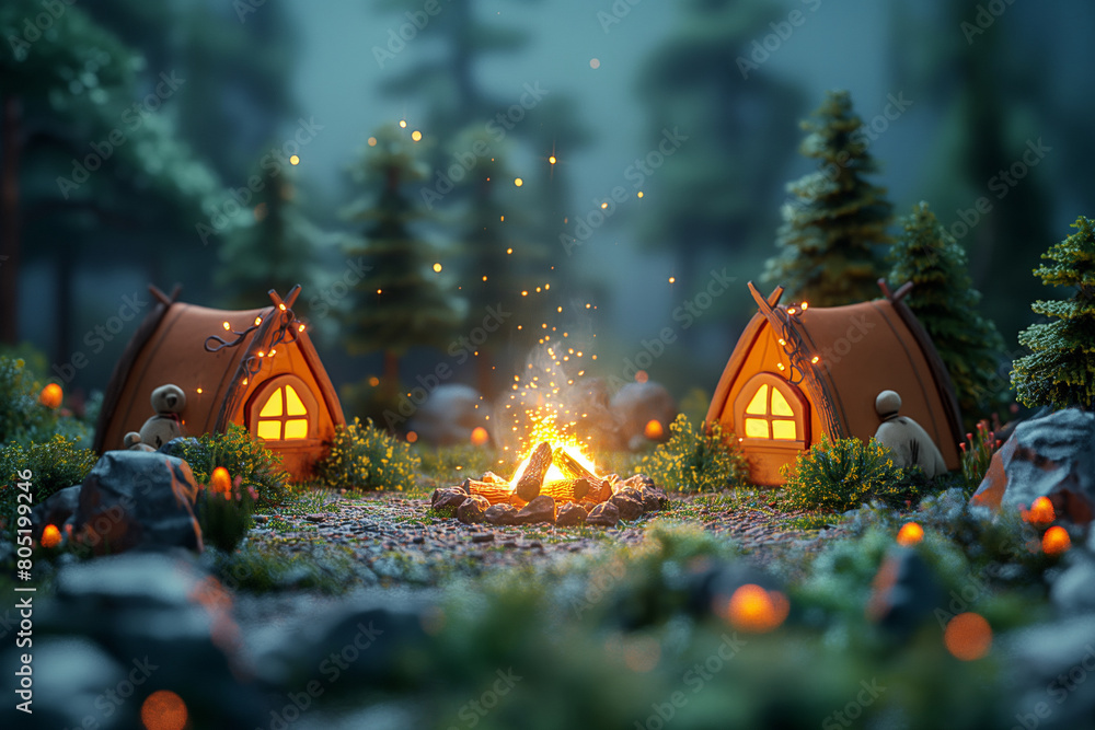 20. Campfire Cookout: A cozy campsite scene with tents pitched around a crackling campfire ...