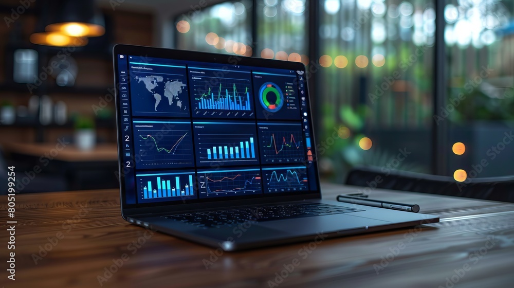 Displayed on the laptop is a detailed business analytics dashboard ...