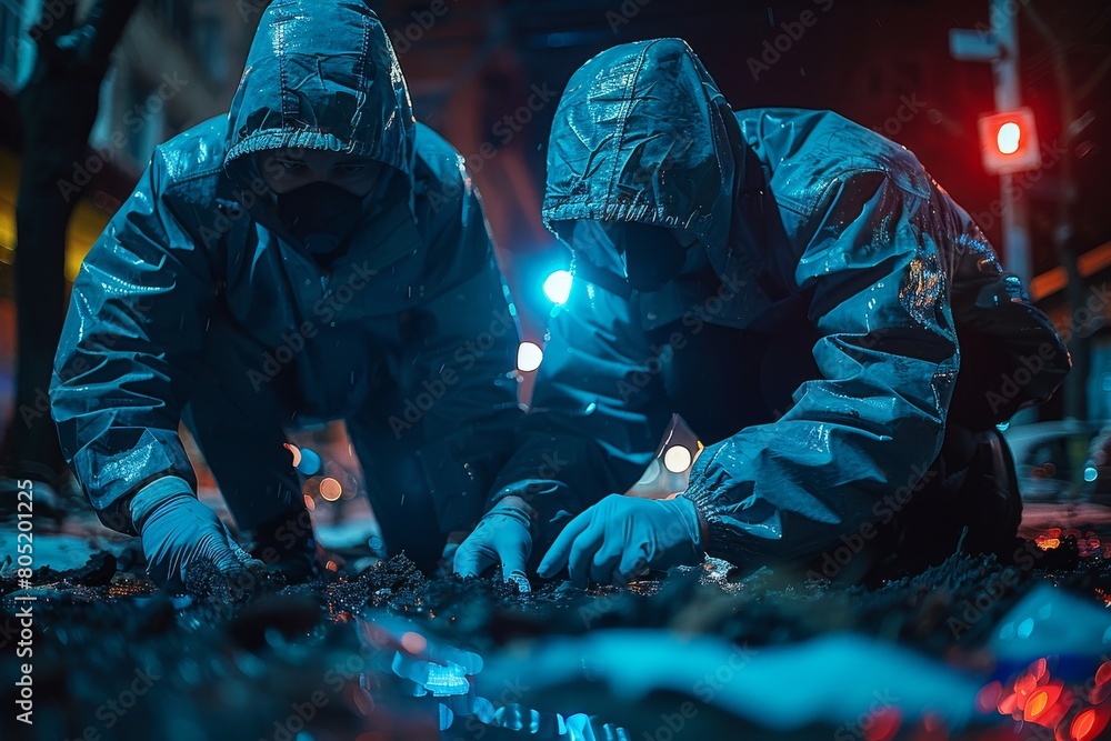 Two forensic experts in hazmat suits carefully analyzing a crime scene ...