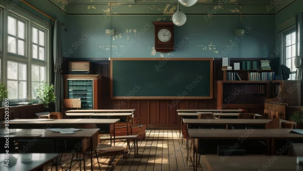 Empty classroom background. Old school room interior. Educational class ...