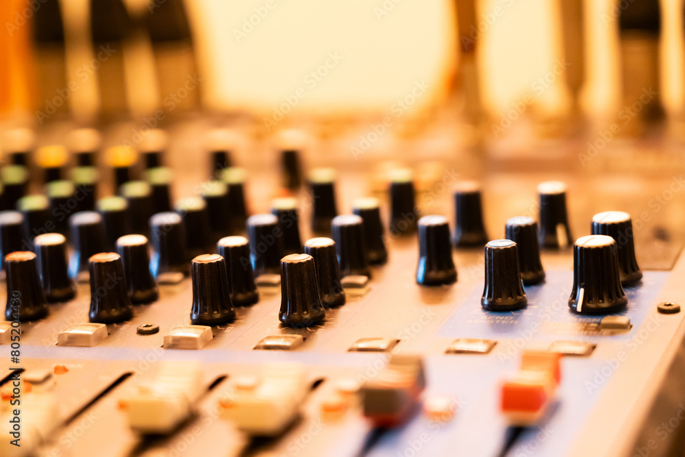 Hi-Fi system console control panel audio equipment Close-up of digital ...